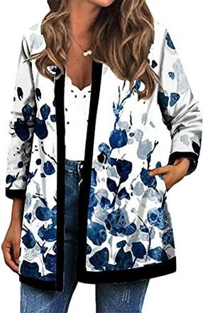 Onsoyours Veste Vintage Femme Manches Longues Imprimé Manteau Chic Casual Cardigan avec Poche de Automne Hiver Blanc 01 XL