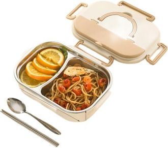 Generic Bo&icirc;te &agrave; d&eacute;jeuner compacte &agrave; deux compartiments en acier inoxydable avec couvercle en silicone r&eacute;sistant aux fuites et couverts, con&ccedil;ue pour un transpo