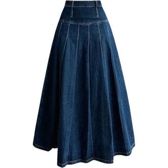 Generic Jupes en jean pliss&eacute;es chics pour femmes - Taille haute - Longue - Droite - En denim - Jupe midi, bleu, L
