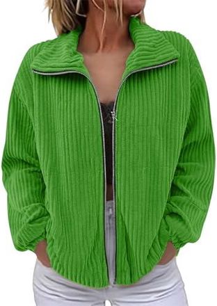 Generic Veste en velours côtelé pour femme avec revers et fermeture éclair intégrale - Manteau léger pour lautomne et lhiver, Vert, 3XL