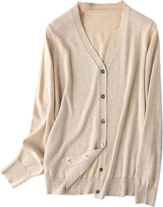 Generic Cardigan l&eacute;ger en soie pour femme avec col en V boutonn&eacute; et manches longues, beige, Taille L