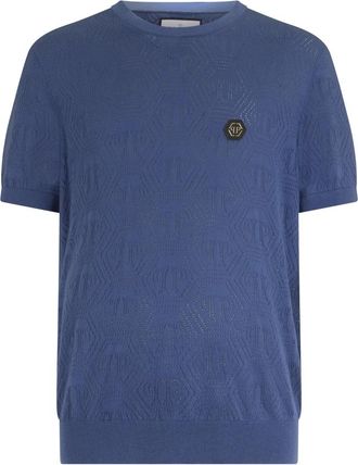 Philipp Plein Homme, Pulls, Bleu, Taille: 3XL T-Shirt Col Rond Monogramme Ajour&eacute;