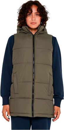 Noisy May Noisy May Damen Lange Puffer Weste | Wattierte Stepp Übergangsjacke ohne Ärmel | mit Kapuze & Zip NMAURORA, Farben:Olive, Größe:38