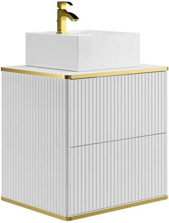 Vente-Unique Meuble de salle de bain suspendu stri&eacute; liser&eacute; dor&eacute; avec vasque &agrave; poser carr&eacute;e - Blanc - L60 cm - KELIZA