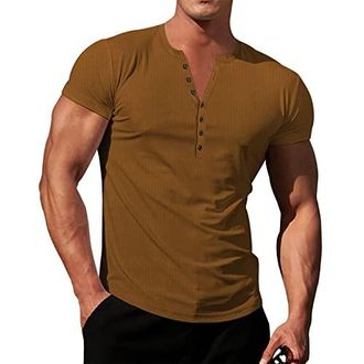 Generic Chemise en coton et lin pour homme - Polo &agrave; col rond - Demi-bouton - Manches courtes - T-shirt Henley - Coupe muscl&eacute;e - Couleur unie - T-shirt d&eacute;t&eacute; l&eacute;