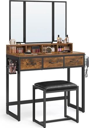 Vasagle Vasagle - Coiffeuse avec tabouret rembourr&eacute; Marron Rustique et Noir - Avec miroir triple - 3 tiroirs - 90 x 40 x 141 cm - Porte-s&egrave;che-cheveux - Pot