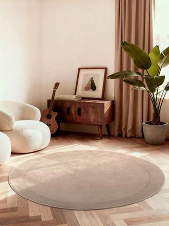 Villeroy & Boch Wollteppich Kari Rund - Weicher Natur Wohnzimmerteppich mit Bord&uuml;re, Handgemacht & Nat&uuml;rlich, Modernes Design f&uuml;r Wohnzimmer, Schlafzimmer, Esszimmer,