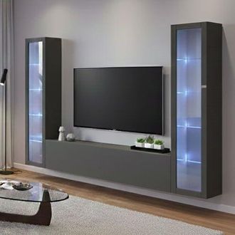 Dmora Ausgestattete Wand Gino, 3-t&uuml;riges TV-St&auml;nder-Wohnzimmerset, Mehrzweck-Wohnzimmerm&ouml;bel mit Vitrine und LED-Licht, 100% Made in Italy, 260 x 30 x 180 c