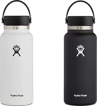 Hydro Flask Edelstahl und vakuumisoliert, große Öffnung mit auslaufsicherer Flex Cap, Trinkflasche, White, 946 ml + Trinkflasche, schwarz, 946 ml