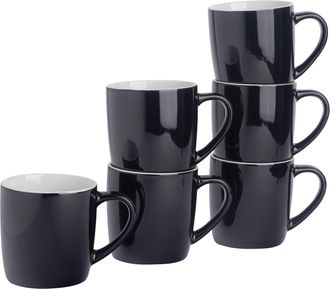 Argon Tableware Farbige Kaffeetassen - Schwarz - 350 ml - 6 Stück - glänzende Keramik-Steinzeug-Teetassen, Tassen für Latte, Cappuccino, Tassen für heiße Schokolade, 