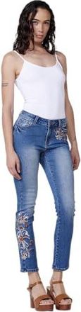 Kor&ouml;shi Pantalon long en jean slim avec d&eacute;tails brod&eacute;s floraux de couleur bleue pour femme, de couleur bleu moyen, bleu, 38