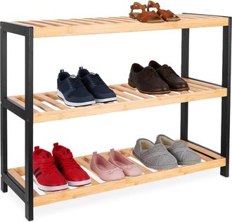 Relaxdays Schuhregal, HxBxT: 55 x 70 x 26 cm, Bambus, 3 Ebenen, 9 Paar Schuhe, Schuhständer Gitterablagen, Natur/schwarz