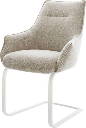 DELIFE Schwingstuhl Alja-Flex mit Armlehnen Freischwinger flach Wei&szlig; Webstoff Soft Beige Taschenfederkern