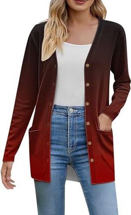 Generic HUIFUAO Cardigan pour femme - Pull tricoté boutonné - Ouverture sur le devant - Cardigan à manches longues dégradées avec poche, Rouge, XXXL