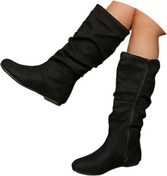 Generic Bottes plates pour femme - Bottes souples - Bottes larges au genou - En daim - Fermeture &eacute;clair - Fond plat - Bottes moyennes - Bottes longues et larg
