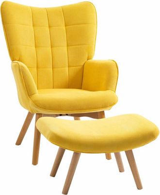 HOMCOM Sessel mit Hocker, Ohrensessel mit Hoher R&uuml;ckenlehne, Holzbeine, Loungesessel mit getuftetem Design, Cord-Optik, f&uuml;r Wohnzimmer, Gelb - Homcom