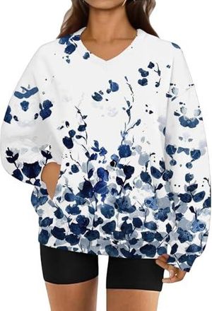 Generic Pull Femme Hiver col V Mode R&eacute;tro Tendance Ample Sweatshirt El&eacute;gant Chaud Sweat Femme sans Capuche D&eacute;contract&eacute; Manche Longue Tops avec Poches Bleu