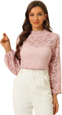 Allegra K Damen Spitze Spitzenbluse Langarm Stehkragen R&uuml;schen Blumen Top Bluse Rosa XL