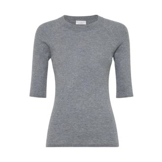 Brunello Cucinelli Grauer Strickpullover mit Rundhalsausschnitt - - Knitwear - Damen - Grau - M