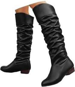 Generic Bottes plates au genou pour femme, bottes mi-mollet souples &agrave; talon bas avec fermeture &eacute;clair lat&eacute;rale, bout rond, en cuir vintage, longues bottines h
