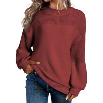 Generic Pull d&eacute;contract&eacute; &agrave; manches longues et col rond en tricot uni pour femme, pull d&eacute;contract&eacute; &agrave; manches longues et col rond, mignon, rouge vin, XXL