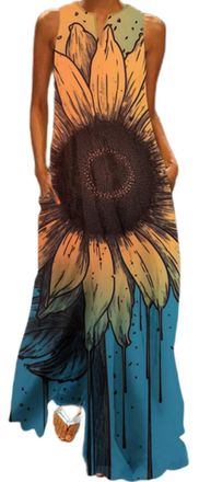 Ocean Plus Damen Muster Maxikleid V-Ausschnitt Kleid mit Stecktaschen und Weitem Rock (XL, Sonnenblumen Malerei)
