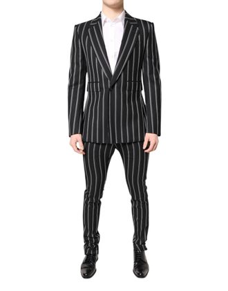 Dolce & Gabbana Mens Black Striped Sicilia Formal 2 Piece Suit Virgin Wool Cotton