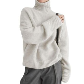 Generic Pull &agrave; col roul&eacute; pour femme, pull &eacute;l&eacute;gant en tricot d&eacute;contract&eacute; &agrave; &eacute;paules tombantes, couleur unie, pull &agrave; manches longues et col haut, blanc, XL