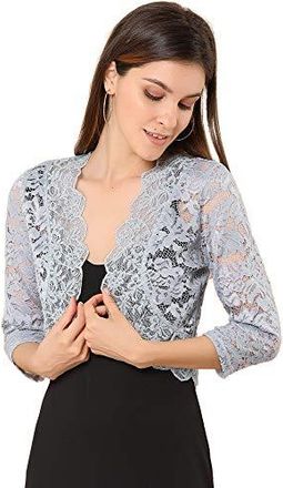 Allegra K Bol&eacute;ro Femme &Eacute;l&eacute;gant en Dentelle Floral &agrave; 3/4 Manches Cardigan Transparent &agrave; Haussement d&Eacute;paule Bol&eacute;ro pour Mariage et F&ecirc;te Gilet Court L&eacute;ger Devant O