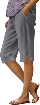 Generico Pinocchietti Femme dÉté Coton et Lin au Genou Capri Bermuda Élégant Décontracté Large Pantalon 7/8 Tailles Élastique Shorts Femme Léger Confortable Ta