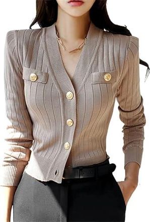 Generic Cardigan en tricot &agrave; manches longues et col en V pour femme, Kaki, taille unique