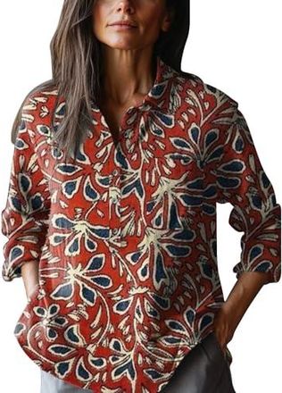 Generico Chemise Femme &Eacute;l&eacute;gant &agrave; Manches Longues Chemisier en Lin Coton D&eacute;contract&eacute; Grande Taille T Shirt Col en V L&eacute;ger Chemises Vintage Imprim&eacute; avec Boutons 