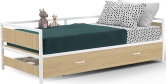 IDMarket Lit banquette 90 x 190 cm DETROIT convertible 180 x 190 cm hêtre et blanc style industriel