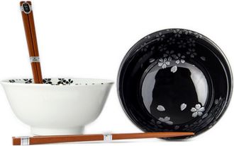 Generic MIJ Europe Sch&uuml;ssel-Set,Keramik Japanische essservice,Wei&szlig; & Schwarz, Silver Sakura Design, 15 cm Durchmesser, 400 ml,2 Paare Essst&auml;bchen,1 Paar Sch&uuml;s