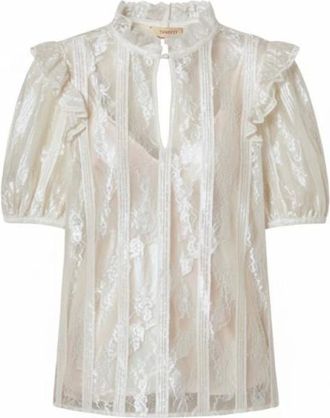 Twinset Femme, Blouses et Chemises, Beige, Taille: 40 FR Chemisier &agrave; col montant en dentelle