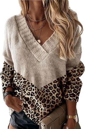 Generic Pull dautomne en tricot Hobo l&eacute;ger pour femme - Imprim&eacute; l&eacute;opard - Col rond - Manches longues - Style r&eacute;tro - Col en V, 007-abricot, XXL