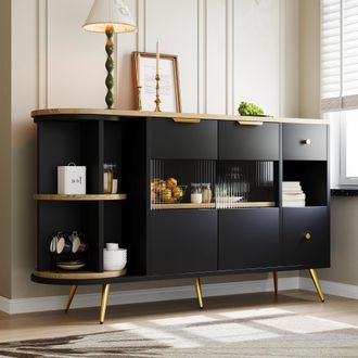 Generic KecDuey Sideboard,Kommode 130 x 40 x 80cm,Esszimmer Wohnzimmer Aufbewahrungsschr&auml;nke mit Glasschiebet&uuml;ren und LED-Leuchten Holzanrichte Freistehende S