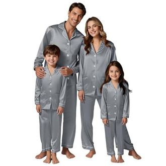 Generic Pyjama de Noël assorti pour la famille, manches longues, col à revers boutonné, vêtement de nuit en satin de soie uni avec poches, vêtements de détent