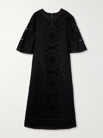 Vita Kin Mia Midikleid Aus Leinen Mit Lochstickerei - Schwarz