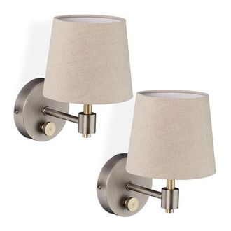 Relaxdays Wandlampe Vintage, 2er Set, dimmbar, Wandstrahler Schalter, Stoffschirm, E14, HBT: 23x15x21 cm, beige/Silber