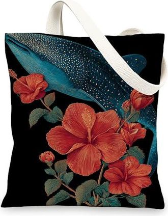 Generic Sacs fourre-tout en toile motif baleine, motif floral océanique, sacs dépicerie, sacs dépicerie réutilisables, légers et lavables, vintage, noir, 13x1
