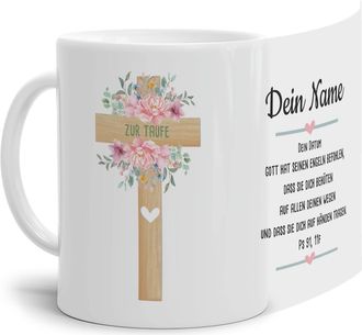 Tassendruck Tasse zur Taufe f&uuml;r Kinder mit Name & Datum - Gott hat seinen Engeln befohlen - Geschenk f&uuml;r M&auml;dchen/Gottes Segen/Erinnerung I Personalisiertes Taufge