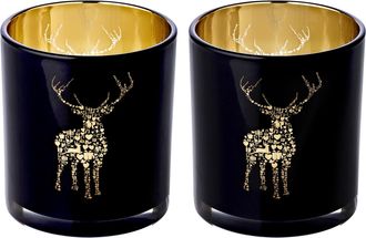 Edzard 2er Set Teelichtglas Fancy, Höhe 8 cm, Durchmesser 7,5 cm, außen schwarz, innen Gold, Teelichthalter, Windlicht mit Hirsch-Motiv