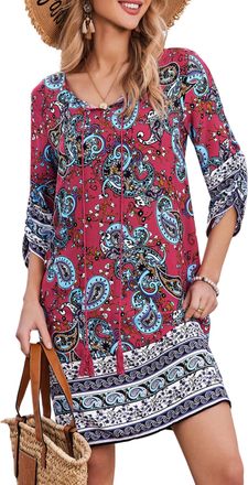 Beyove Damen Strandkleid Bohemian Tunika Kleid Sommer Tunikakleider Vintage Strandtunika 3/4-Arm Rundhals Kleid Blumenmuster Kurzes Sommerkleider Tops XL