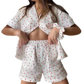Generic Ensemble de costumes d&eacute;contract&eacute;s &agrave; manches courtes pour femme avec imprim&eacute; coeur et pantalon pour la Saint-Valentin 2026, Rouge, L