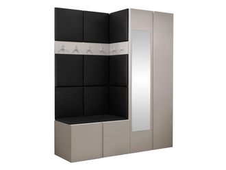 Mirjan24 Garderoben-Set Monati XII, Kleiderschrank mit Spiegel, Schuhschrank, 2X Kleiderhakenbrett, Gepolstertes Paneel/Wandpaneel, 6 Doppelhaken, Flurgarderob