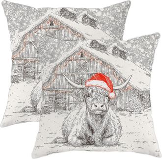 Generic Hochlandrind Weihnachten Rustikale Scheune Schnee Weihnachten Rot Zierkissenbez&uuml;ge Weich Sofakissen Atmungsaktiv Sofakissenbezug F&uuml;r Schlafzimmer Heim