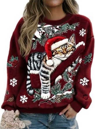 Generic Sweat-Shirt de No&euml;l en Flanelle avec imprim&eacute; Chat pour Femme, Style d&eacute;contract&eacute;, &eacute;l&eacute;gant, Doux et Chaud, Pull de No&euml;l Fantaisie &agrave; col Rond, Haut de Va