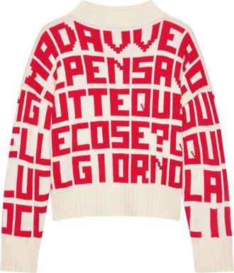 Msgm Msgm, Femme, Pulls, Rouge, Taille: 36 FR Pull Cr&egrave;me avec Citations Jacquard Rouges