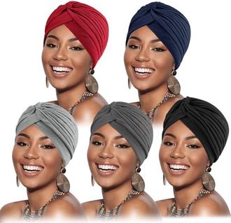 Dreshow 5 Pièces Turban Africain pour Femme Bonnet Pré-noué Bonnet Chimio Casquette de Perte de Cheveux Chapeau